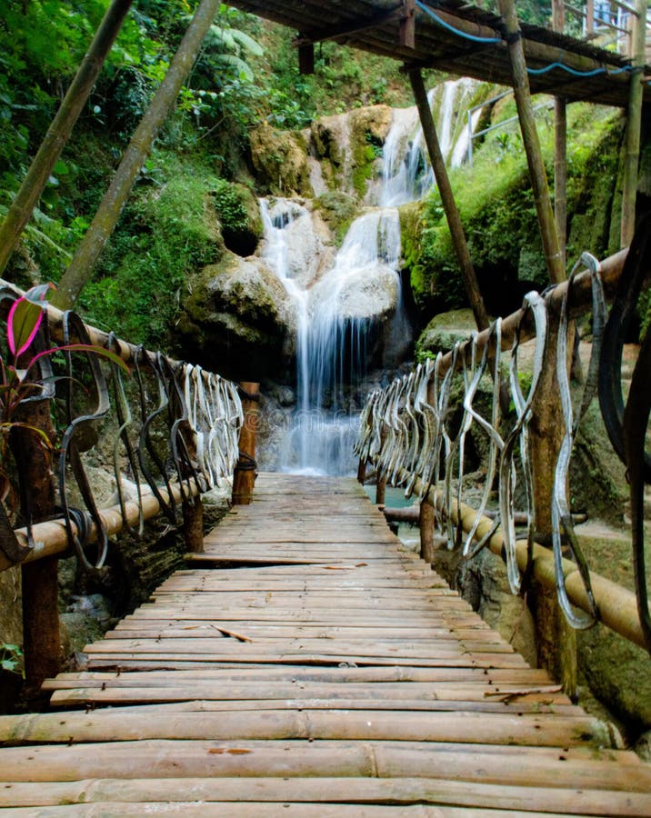 Low Angle View through a Bamboo Bridge on the Waterfall Mudal Stock ...