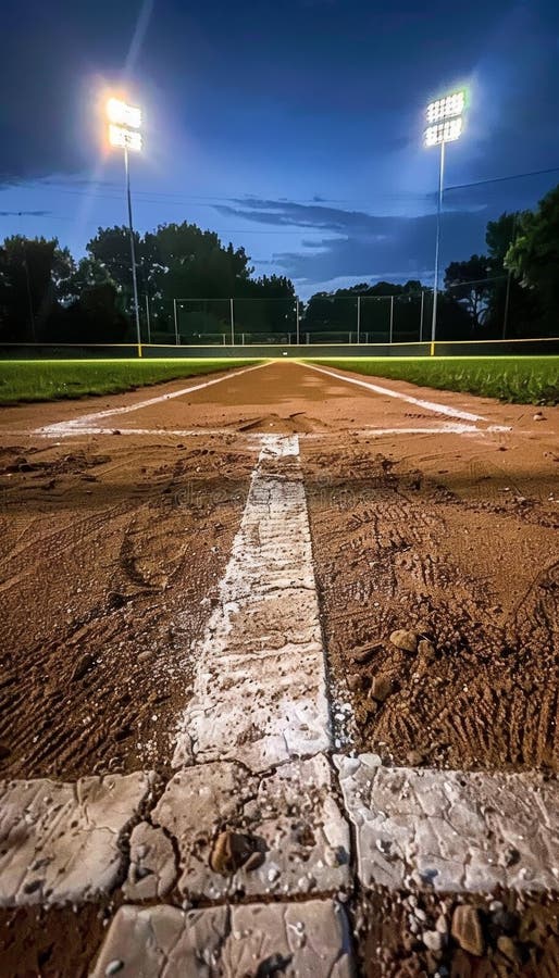 Low-angle View of a Baseball Field at Dusk, with Stadium Lights in the ...