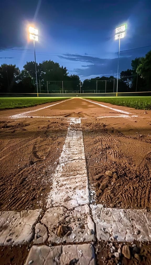 Low-angle View of a Baseball Field at Dusk, with Stadium Lights in the ...