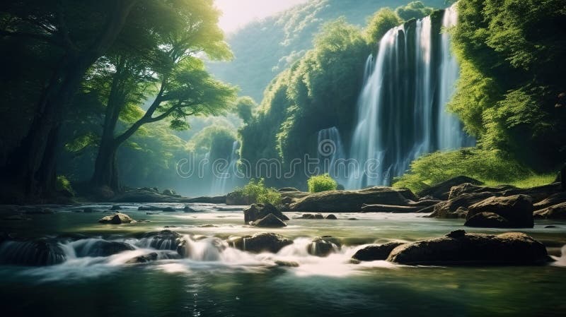Low Angle View of a Beautiful Waterfall and Natural River Floating ...