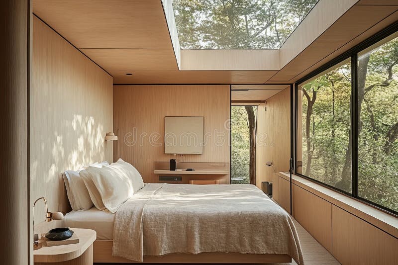 Low Angle View of Bedroom with Sloped Ceiling and Skylights Stock Photo ...