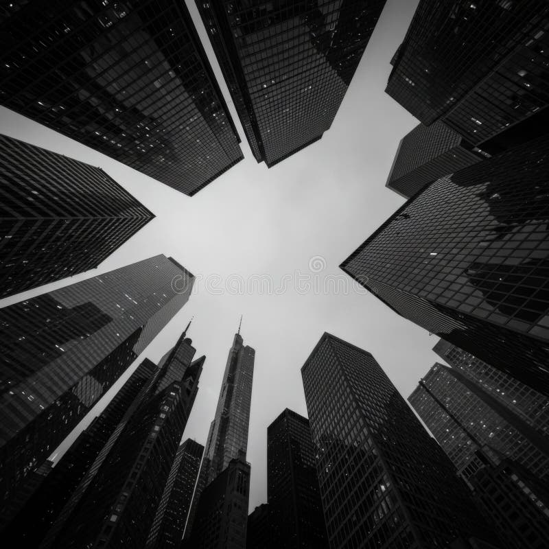 Low Angle View of Black and White City Skyscrapers Stock Illustration ...
