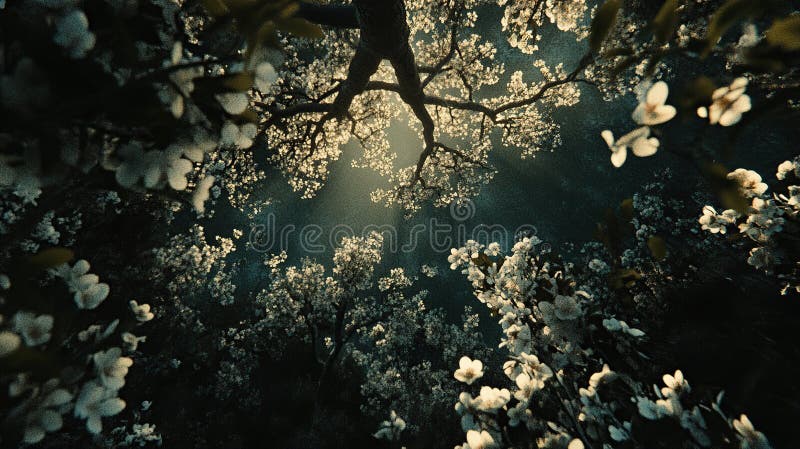 Low Angle View of Blossoming Trees, Sun Rays, Forest, Spring Stock ...