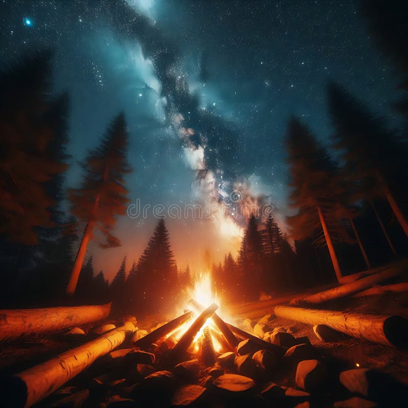 Low Angle, View of Campfire Lit in the Dark Forest on Starry Night Sky ...