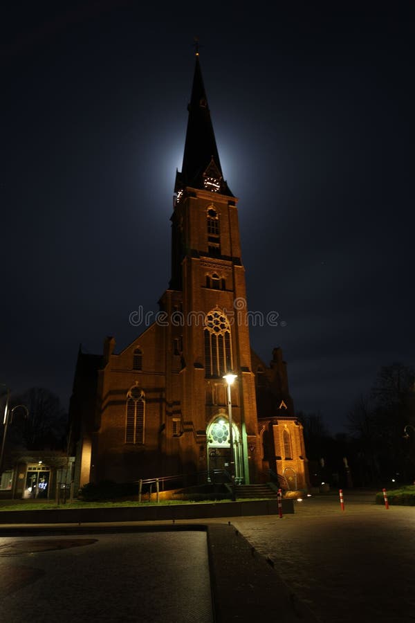 Low Angle View of Church Building Facade in Night Stock Image - Image ...