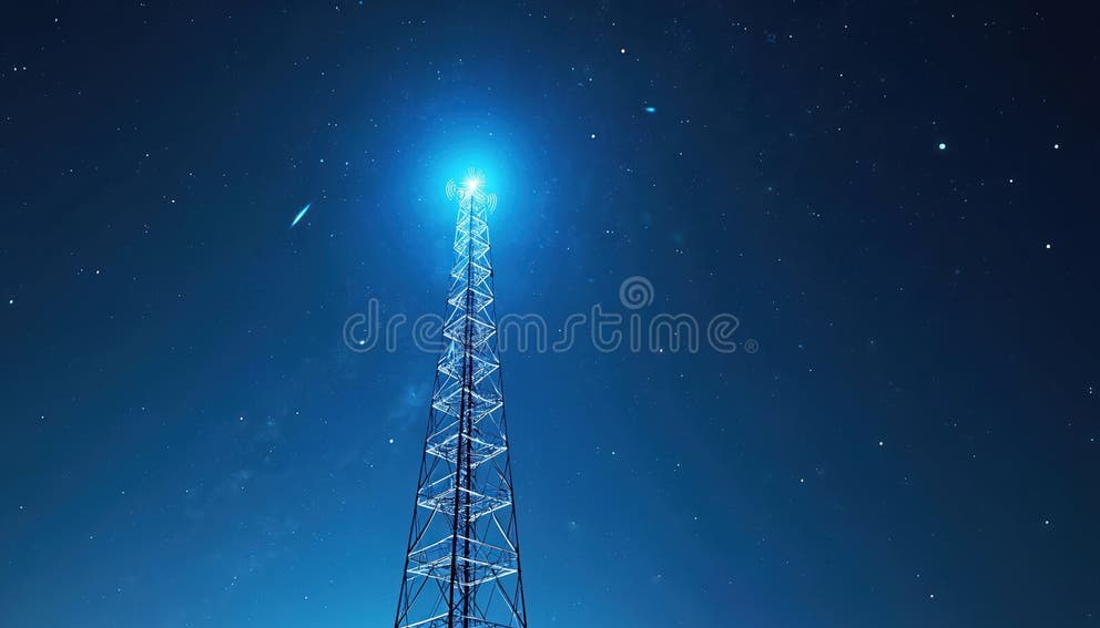 Low Angle View of Communication Tower at Night with Blue Starry Sky ...