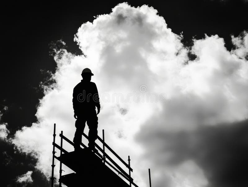 Low Angle View of Construction Worker Standing on Scaffolding is ...