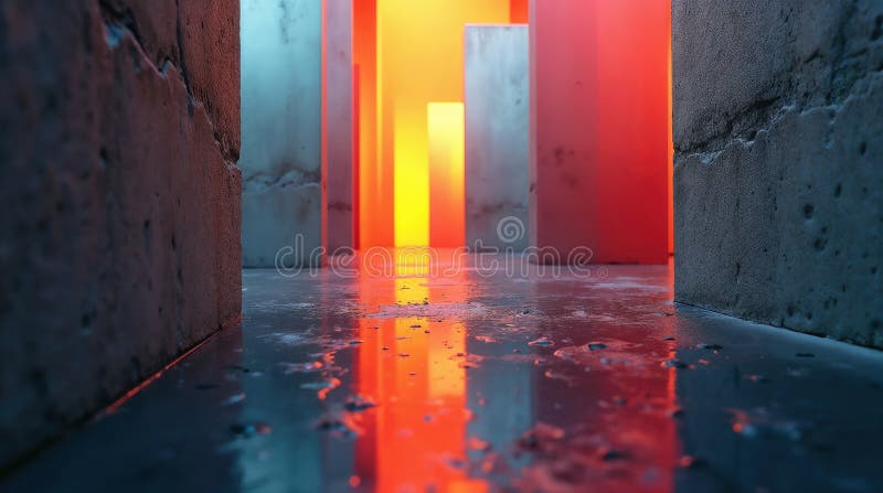 Abstract Corridor with Colorful Illuminated Pillars and Reflections ...