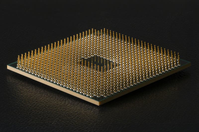 Low Angle View of CPU Processor Chip Pin Side Up Isolated on Black ...