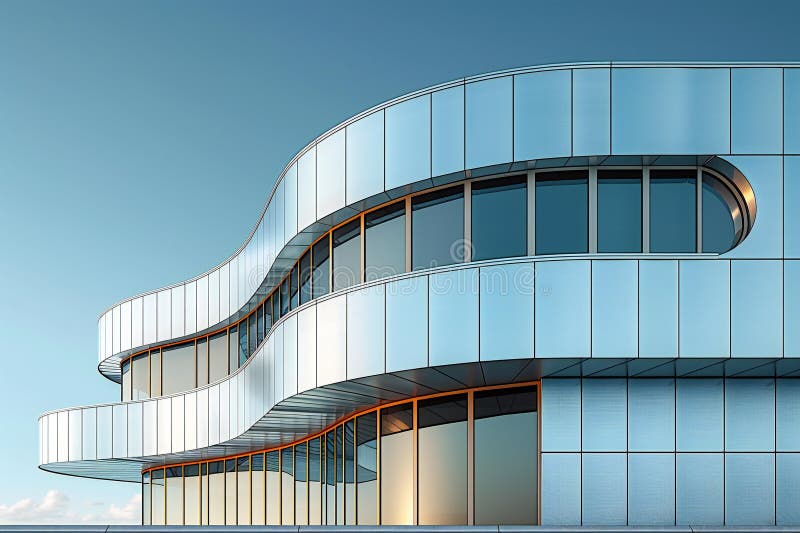Low Angle View of a Curved Metal Building Facade, with a Minimalistic ...