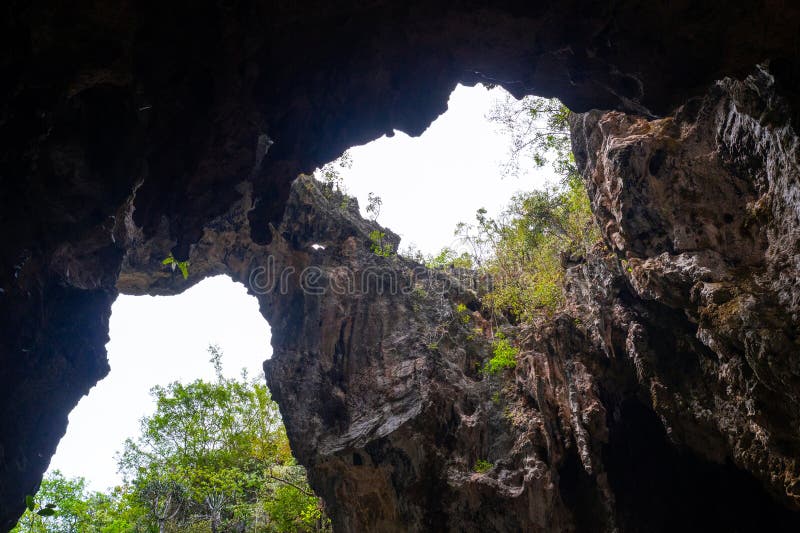 Low Angle View of a Dark Cave Exit with Sunlight Streaming into the ...