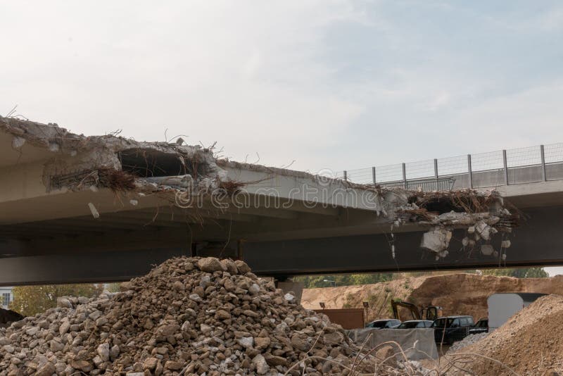 Low Angle View of a Demolished Part of a Highway Bridge during the ...