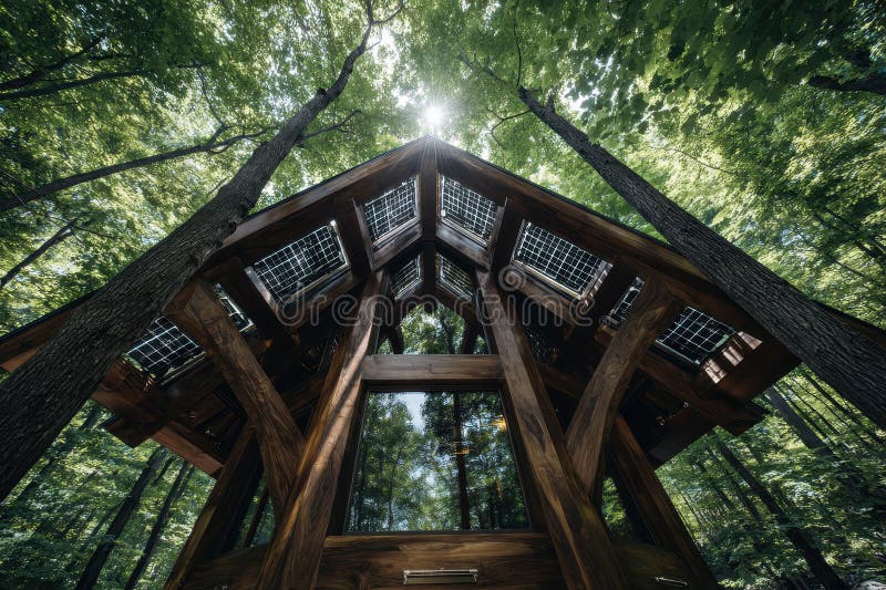 Low Angle View of Eco Home with Gable Roof Surrounded by Lush Trees and ...