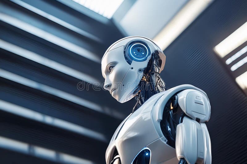 A Low Angle View of a Female AI Robot, Blending Elegance and Advanced ...