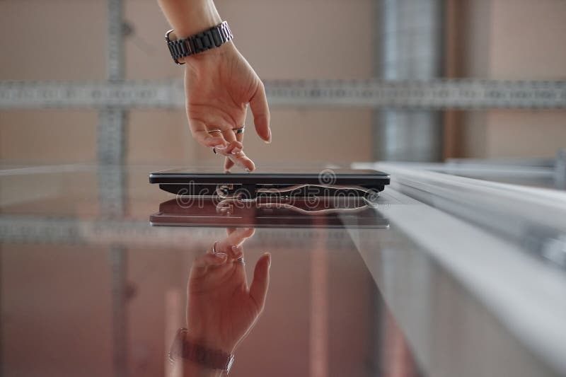 Hand of Woman Using Touch Screen Unlocking Office Room with Access Code ...
