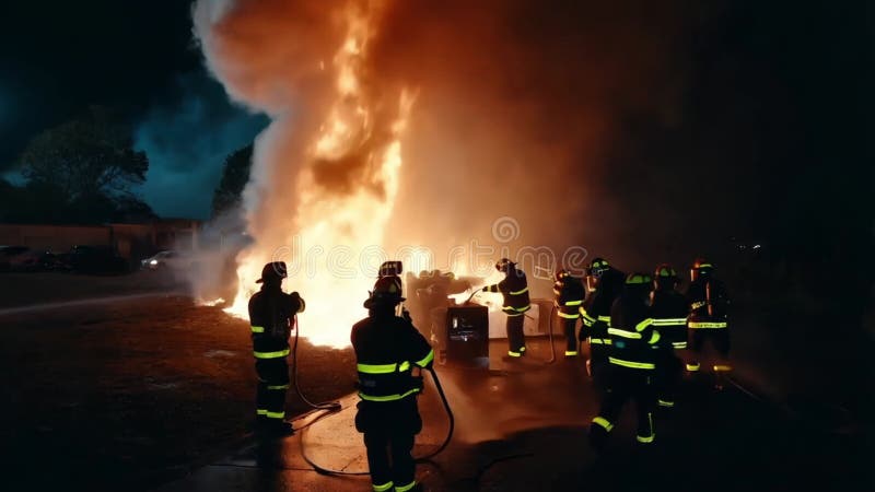 A Low Angle View of Firefighters Aiming a Powerful Fire Hose ...