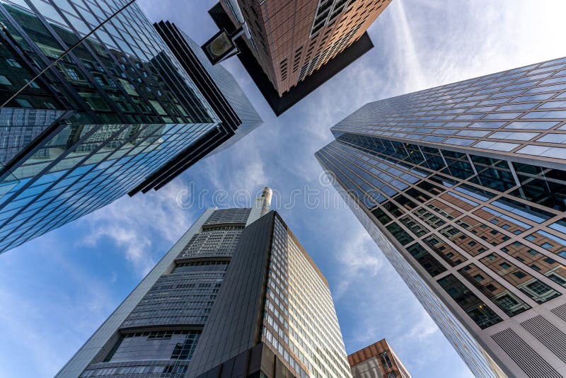 Low Angle View of Four Skyscrapers with Different Facade Designs Under ...