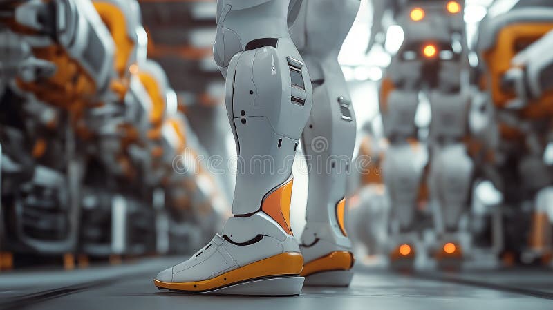 Low Angle View. a Futuristic Scene Showing the Lower Legs of Humanoid ...