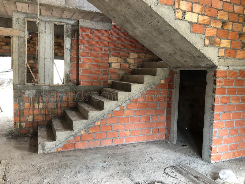 Low Angle View of House Construction Site Stock Photo - Image of stairs ...