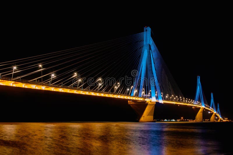 Low-angle View of the Illuminated Rion-Antirion Bridge at Night ...