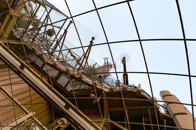 Low Angle View of the Interior Structure, Beams, and Antennas at the ...