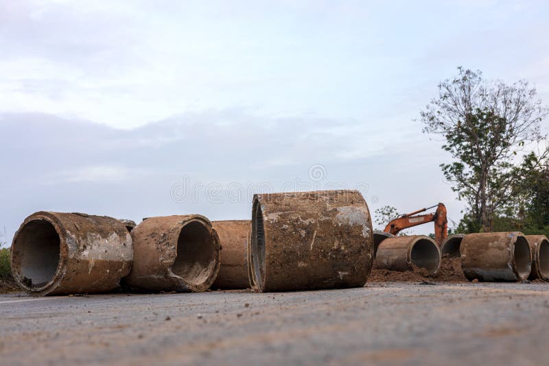 Low Angle View of Large Old Concrete Pipes, Which are Damaged and ...