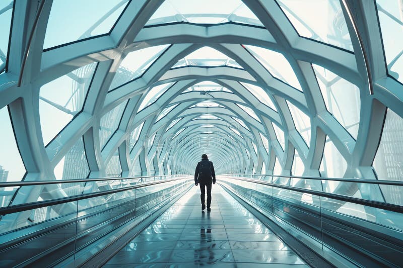 A Low Angle View of a Lone Traveler Walking through a Glass Bridge with ...