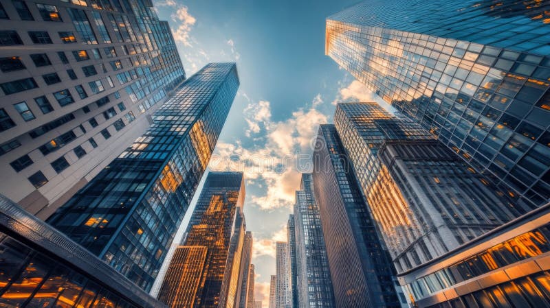 Low Angle View of Modern City Skyscrapers at Sunset Stock Illustration ...
