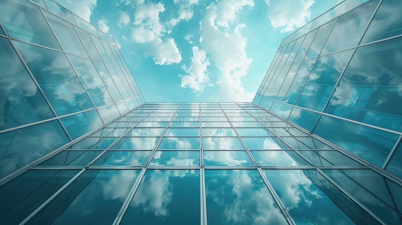 Low Angle View of a Modern Glass Building with a Blue Sky and Clouds ...