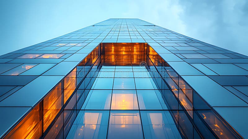 Low Angle View of a Modern Glass Skyscraper at Dusk Stock Illustration ...