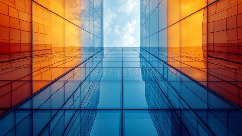 Low Angle View of Modern Glass Skyscraper Reflecting Warm and Cool ...