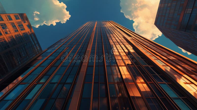Low Angle View of a Modern Glass Skyscraper at Sunset Stock ...