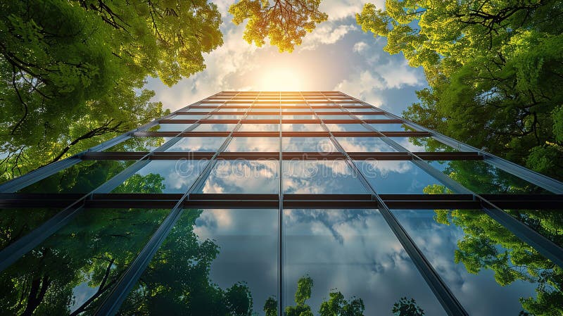 Low Angle View of a Modern Glass Skyscraper with Trees in the ...