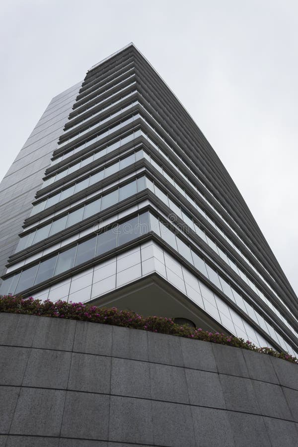Low Angle View of a Modern Grey Skyscraper with Small Flower Garden ...
