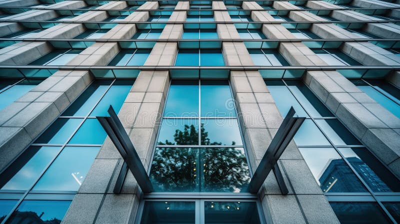 A Low-angle View of a Modern Office Building with a Grid of Windows and ...