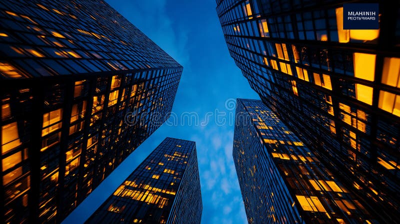 Low Angle View of Modern Skyscrapers Against Twilight Sky, Showcasing ...