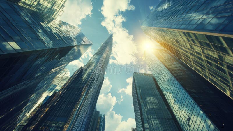 Low Angle View of Modern Skyscrapers Under a Sunny Sky Stock ...