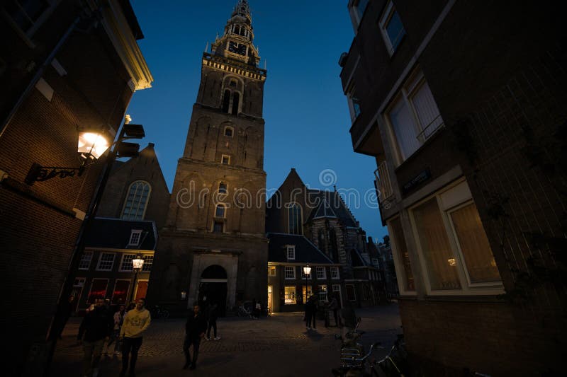 Low-angle View of the Oudekerkstoren Tower during Nighttime Located in ...