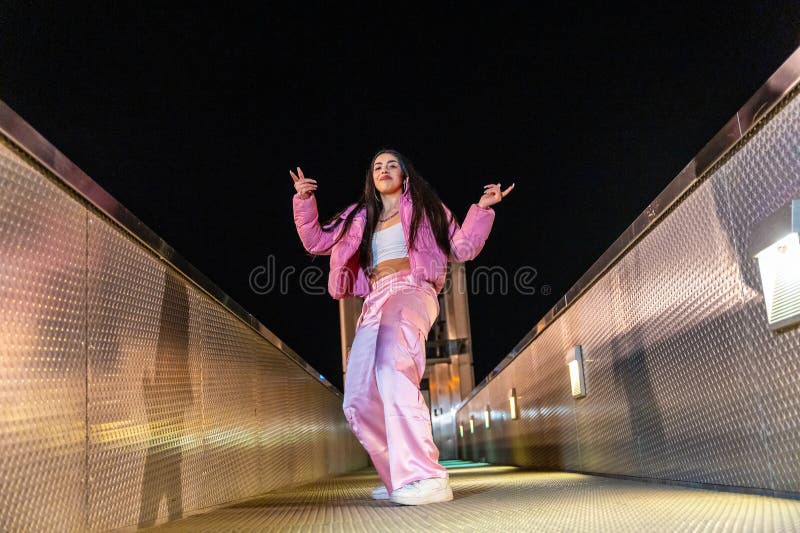 Trap Dancer in Pink Clothes Dancing Alone Outdoors at Night Stock Image ...