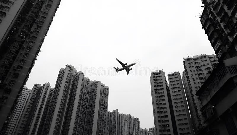 Low Angle View of Plane Flying Over Buildings in City Stock Image ...