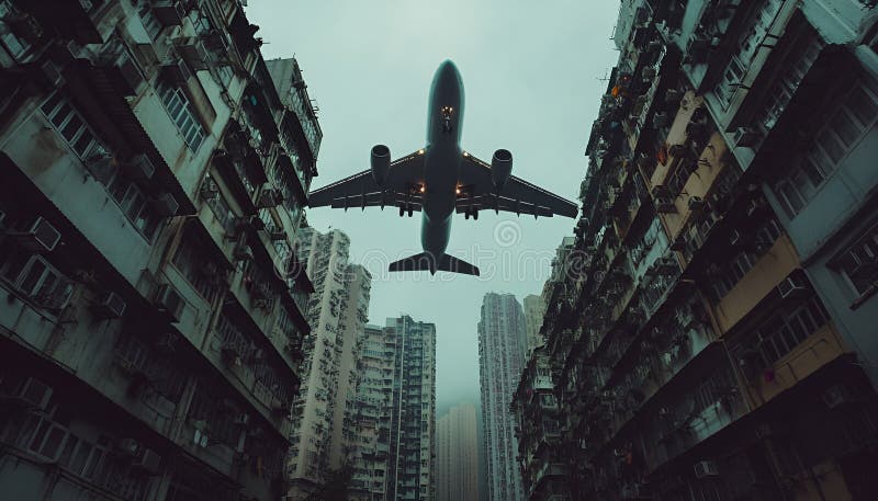 Low Angle View of Plane Flying Over Buildings in City Stock Photo ...