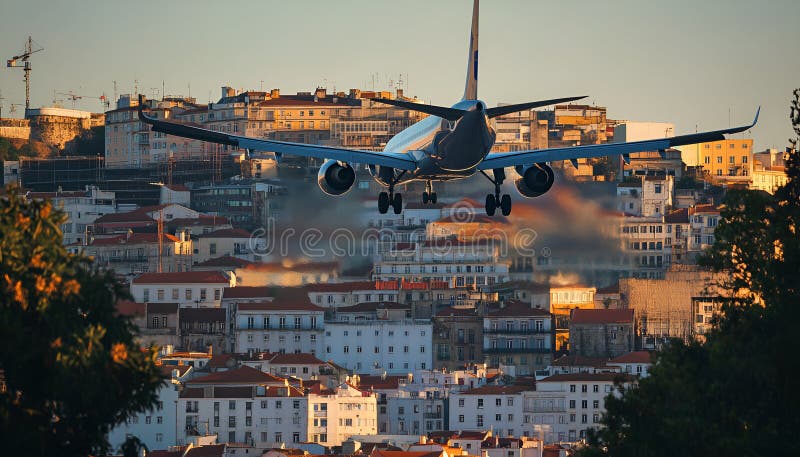 Low Angle View of Plane Flying Over Buildings in City Stock Photo ...