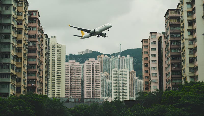 Low Angle View of Plane Flying Over Buildings in City Stock Image ...