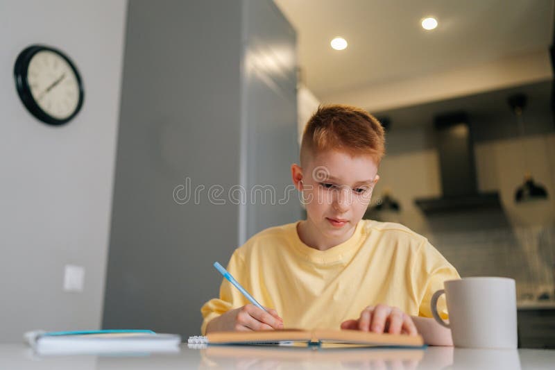 Side View of Focused Schoolboy Studying at Home Doing Homework Sitting at Table Under Light of ...