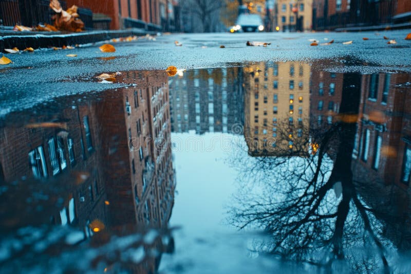 Low Angle View of a Puddle Reflecting Buildings and a Bare Tree on a ...