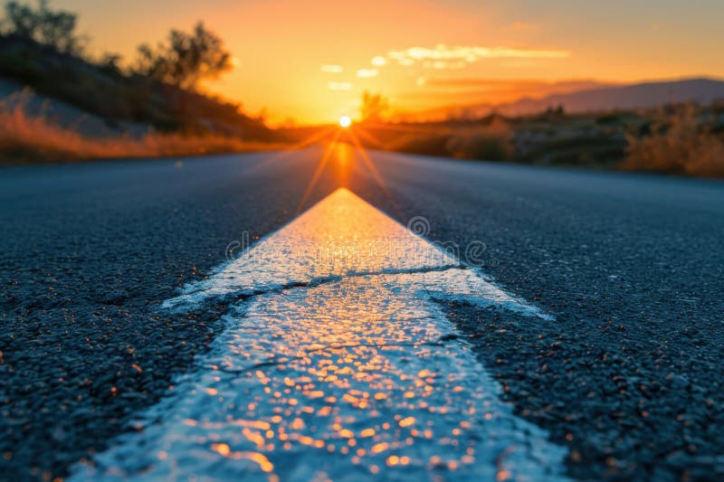 Low-angle View of a Road with an Arrow Pointing Forward at Sunrise ...