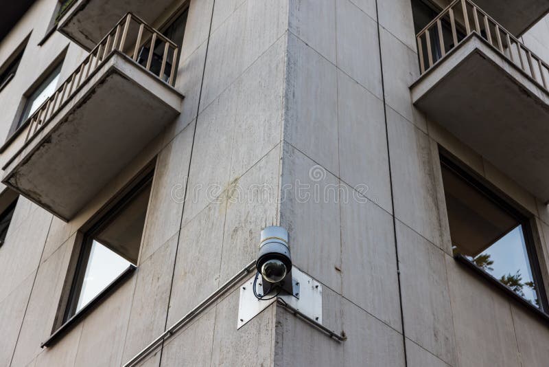 Low Angle View of Security Camera on the Building Stock Image - Image ...