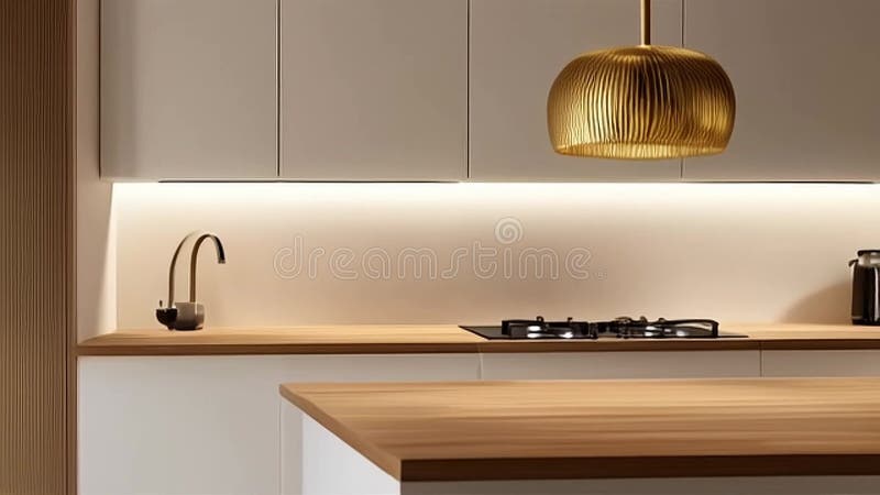 Modern Kitchen with White Cabinetry Wooden Countertop and Golden ...