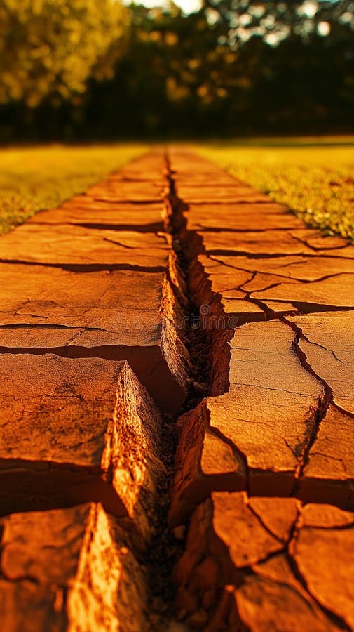 Low Angle View Showing Cracked Concrete Pathway Winding Toward Blurred ...