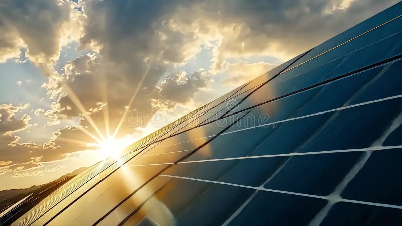 A Low Angle View of a Solar Panel Array with the Sun Shining through ...